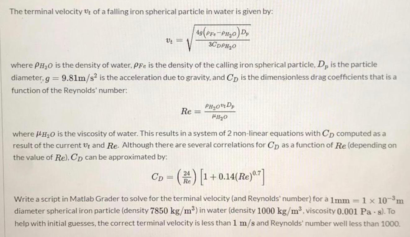 The terminal velocity Vt of a falling iron spherical | Chegg.com