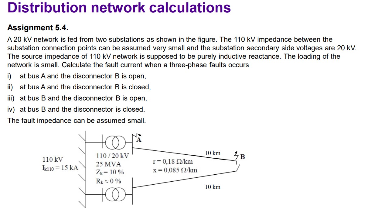 Solved A 20 kV network is fed from two substations as shown | Chegg.com