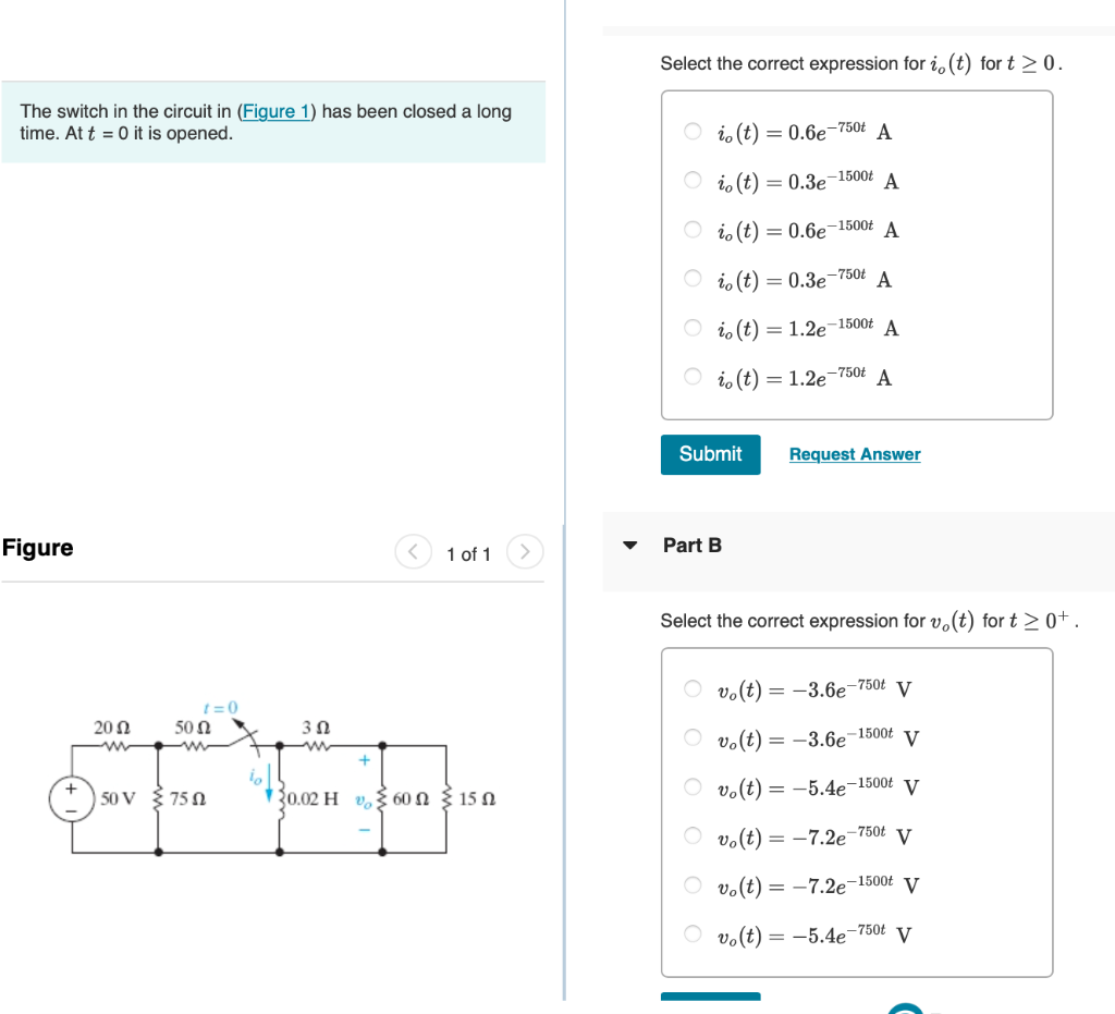 Solved Select the correct expression for io(t) for t≥0. The | Chegg.com