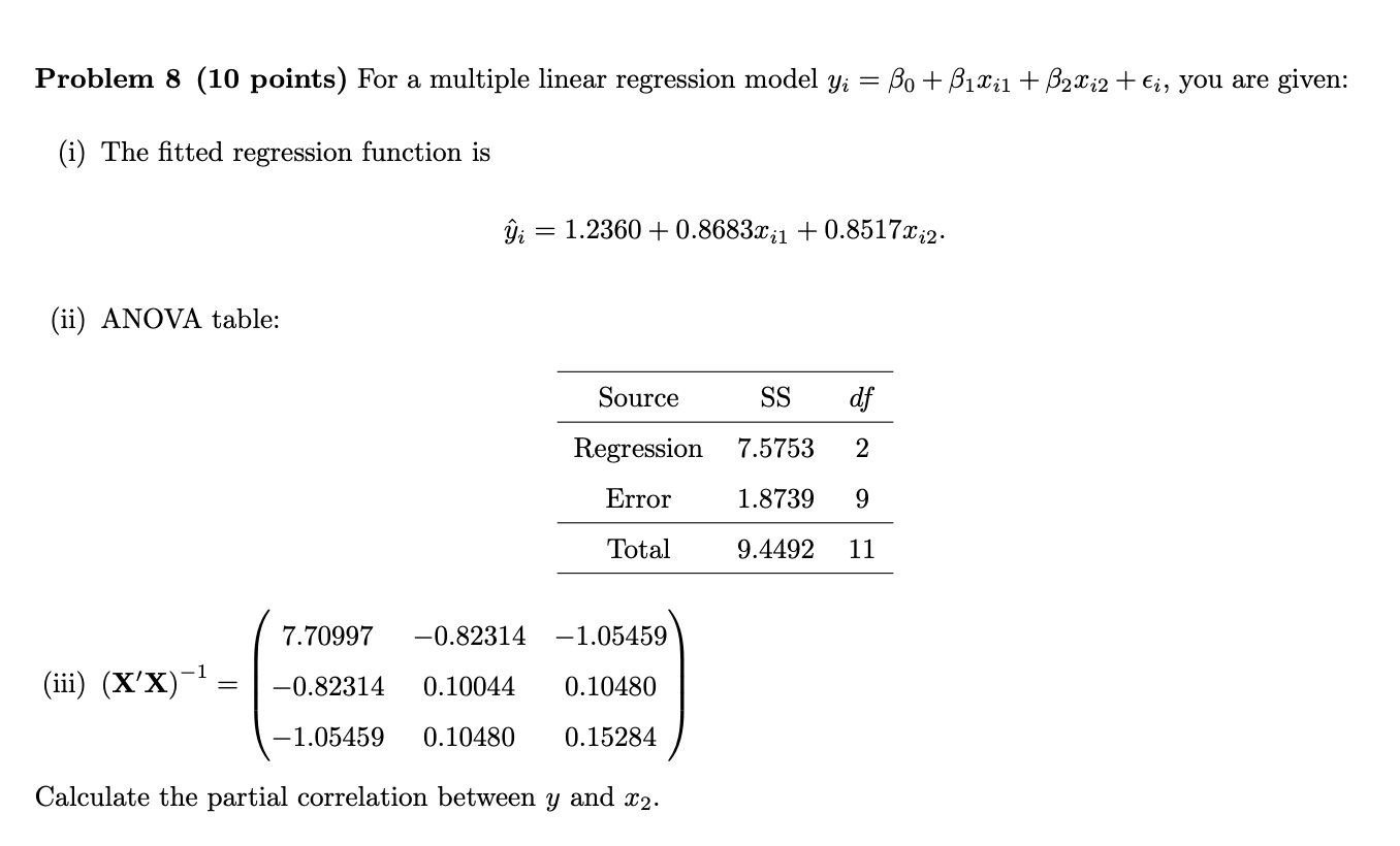 Solved Problem 8 (10 points) For a multiple linear | Chegg.com