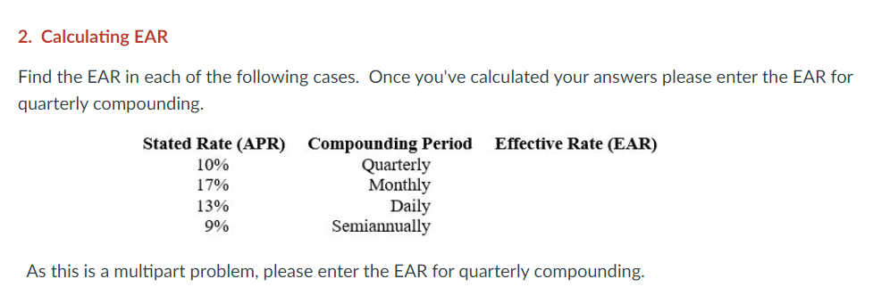 Solved 2. Calculating EAR Find the EAR in each of the | Chegg.com