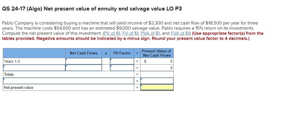 Solved QS 24-17 (Algo) Net present value of annuity and | Chegg.com