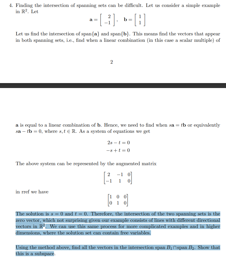 4. Finding the intersection of spanning sets can be | Chegg.com