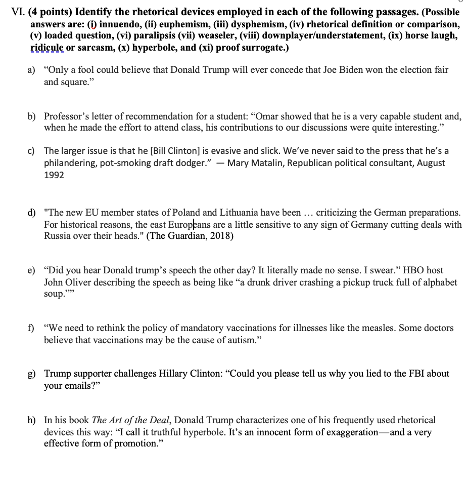 II. (4 points) Identify the rhetorical devices | Chegg.com