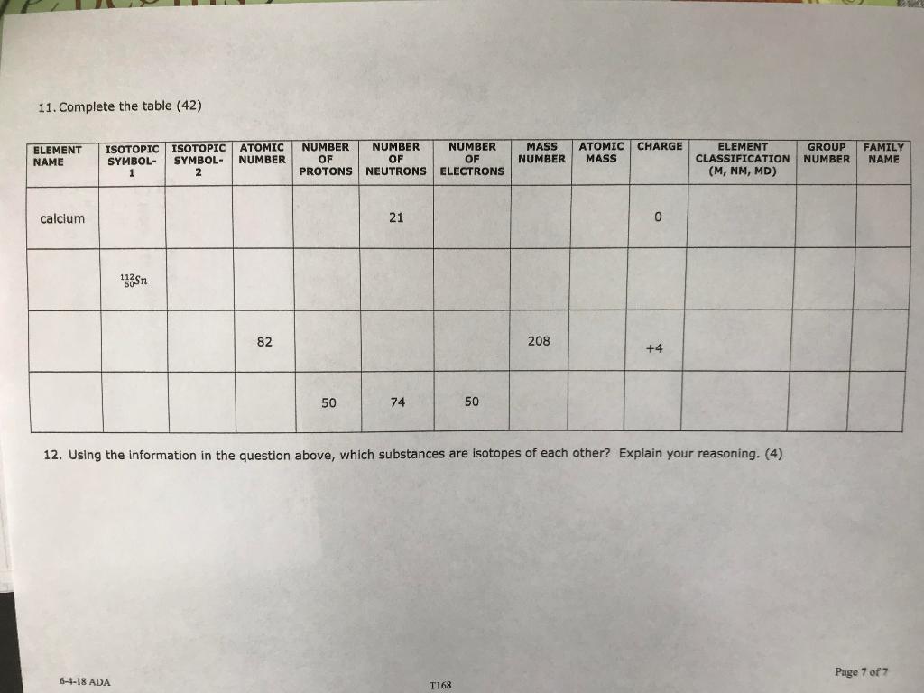 Solved 11. Complete the table (42) ELEMENT NAME ISOTOPIC | Chegg.com