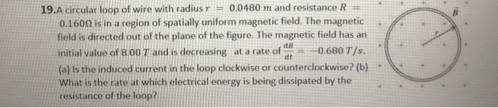 Solved 19.A circular loop of wire with radius 0.0480 m and | Chegg.com