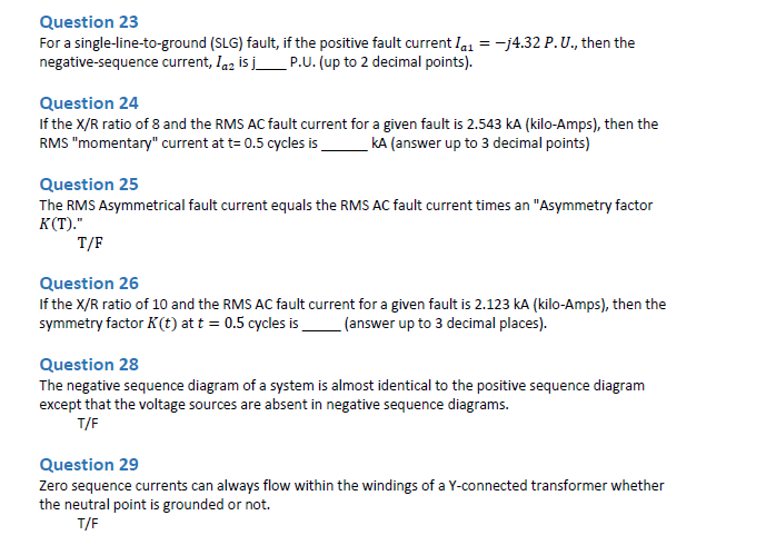 Solved Question 23 For a single-line-to-ground (SLG) fault, | Chegg.com