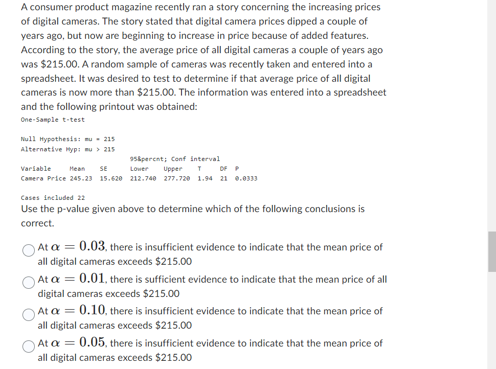 Solved A consumer product magazine recently ran a story | Chegg.com