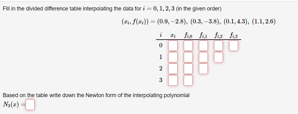 Solved Fill in the divided difference table interpolating | Chegg.com