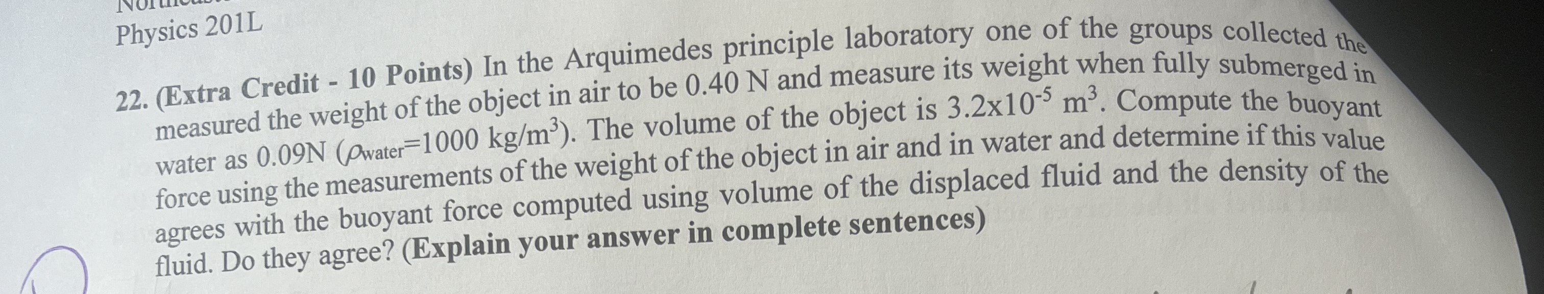 Solved Physics 201L 22. (Extra Credit - 10 Points) In the | Chegg.com