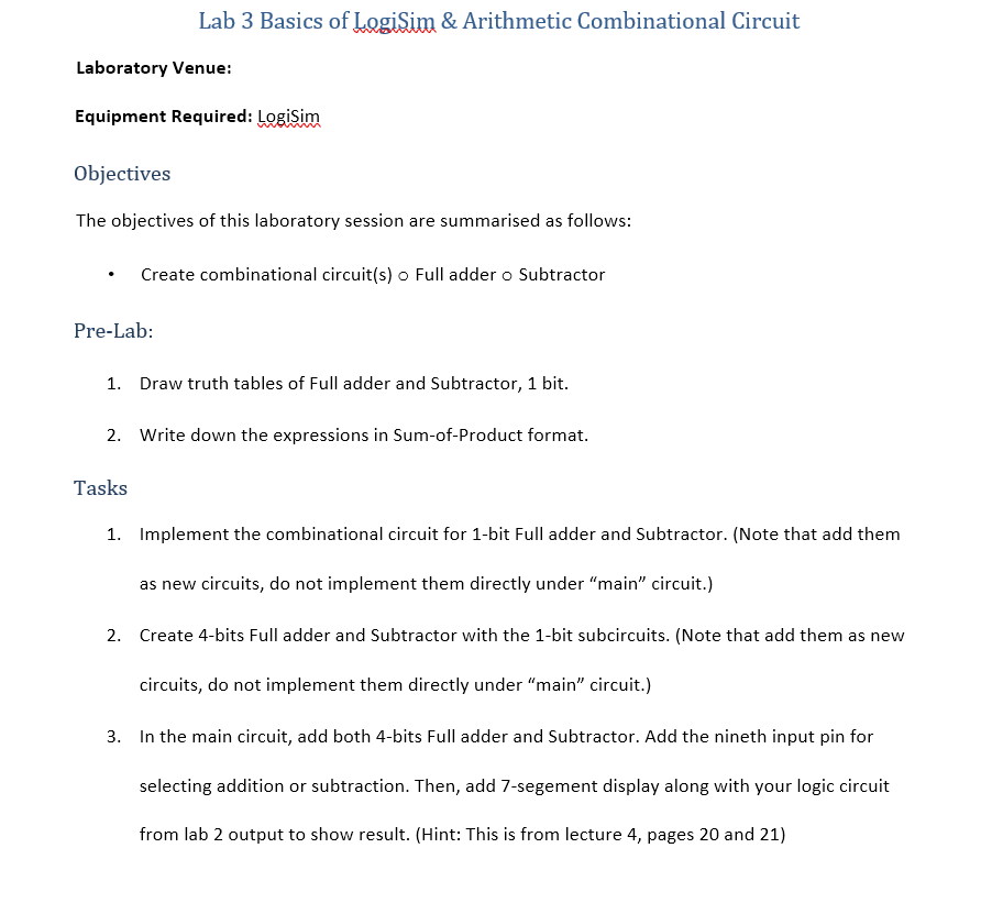 Solved Lab 3 Basics of LogiSim \& Arithmetic Combinational | Chegg.com