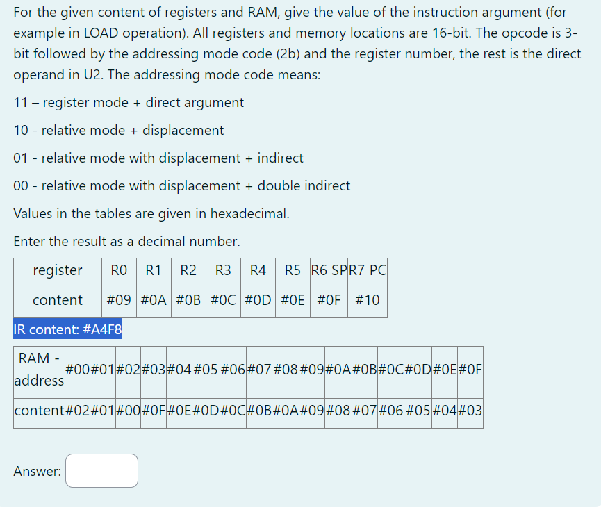 Solved For the given content of registers and RAM, give the | Chegg.com