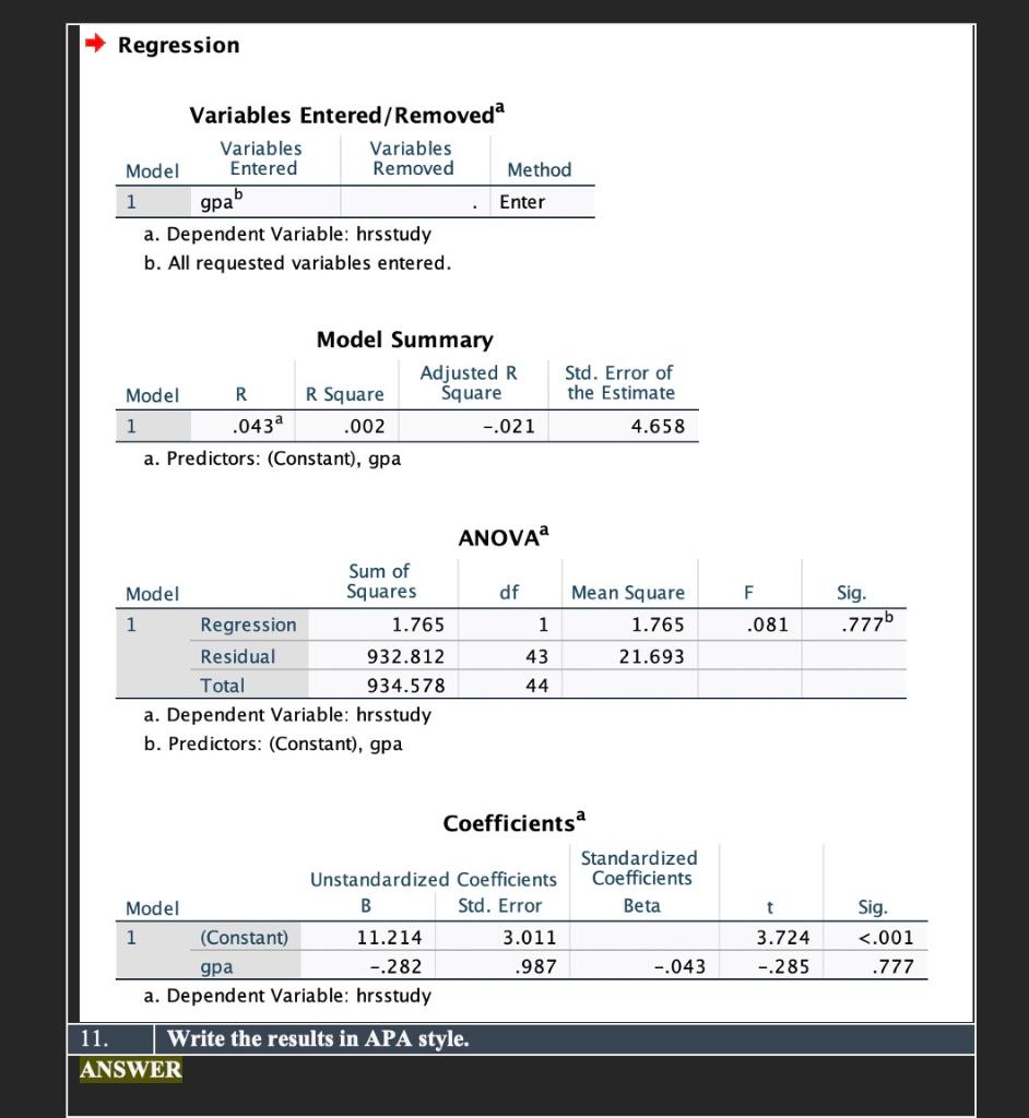Solved Regression Variables Entered/Removed a a. Dependent | Chegg.com