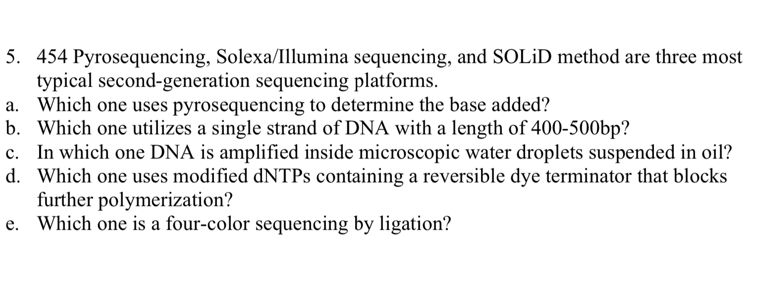 Solved 5. 454 Pyrosequencing, Solexa/Illumina sequencing, | Chegg.com