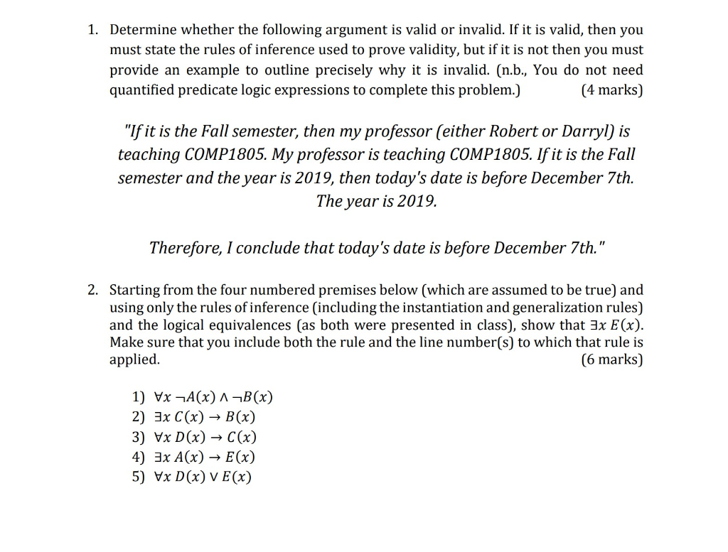 1 Determine Whether The Following Argument Is Valid Chegg