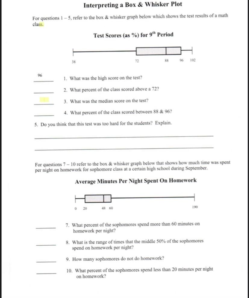 Solved Interpreting a Box & Whisker Plot For questions 1-5, | Chegg.com