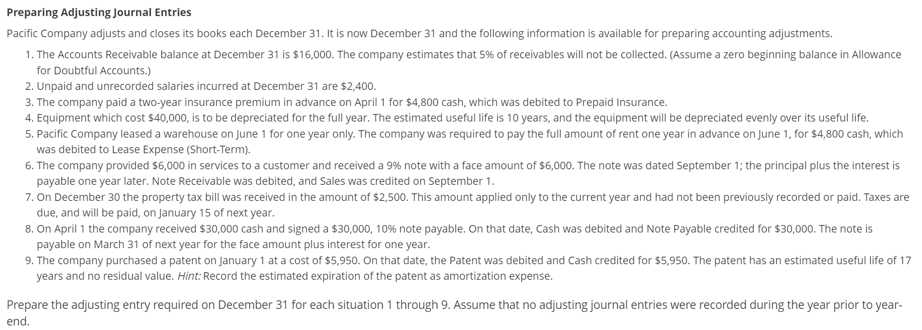 Solved Preparing Adjusting Journal EntriesPacific Company | Chegg.com