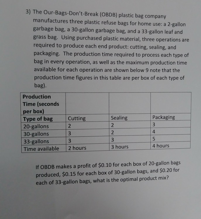 Solved 3) The Our-Bags-Don't-Break (OBDB) plastic bag | Chegg.com