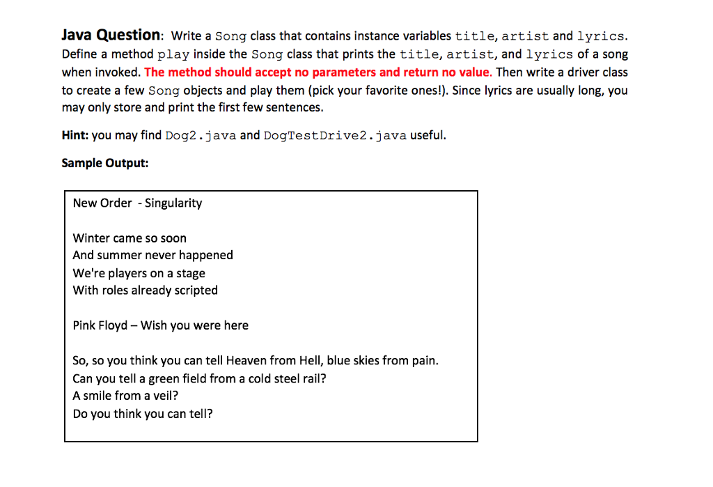 Solved Java Question Write A Song Class That Contains 3720
