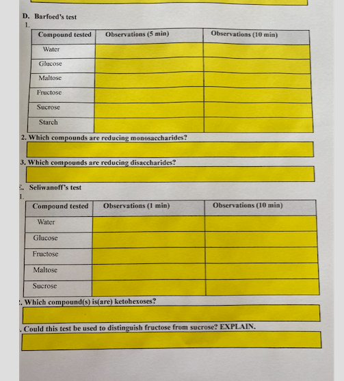 Solved D. Barfoed's test Compound tested Observations (5 | Chegg.com