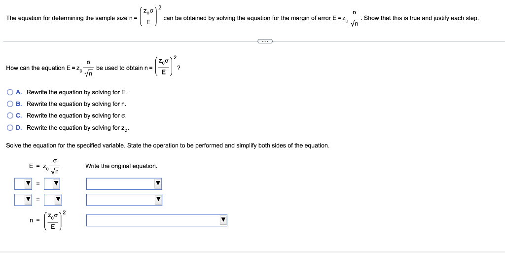 Solved The equation for determining the sample size | Chegg.com