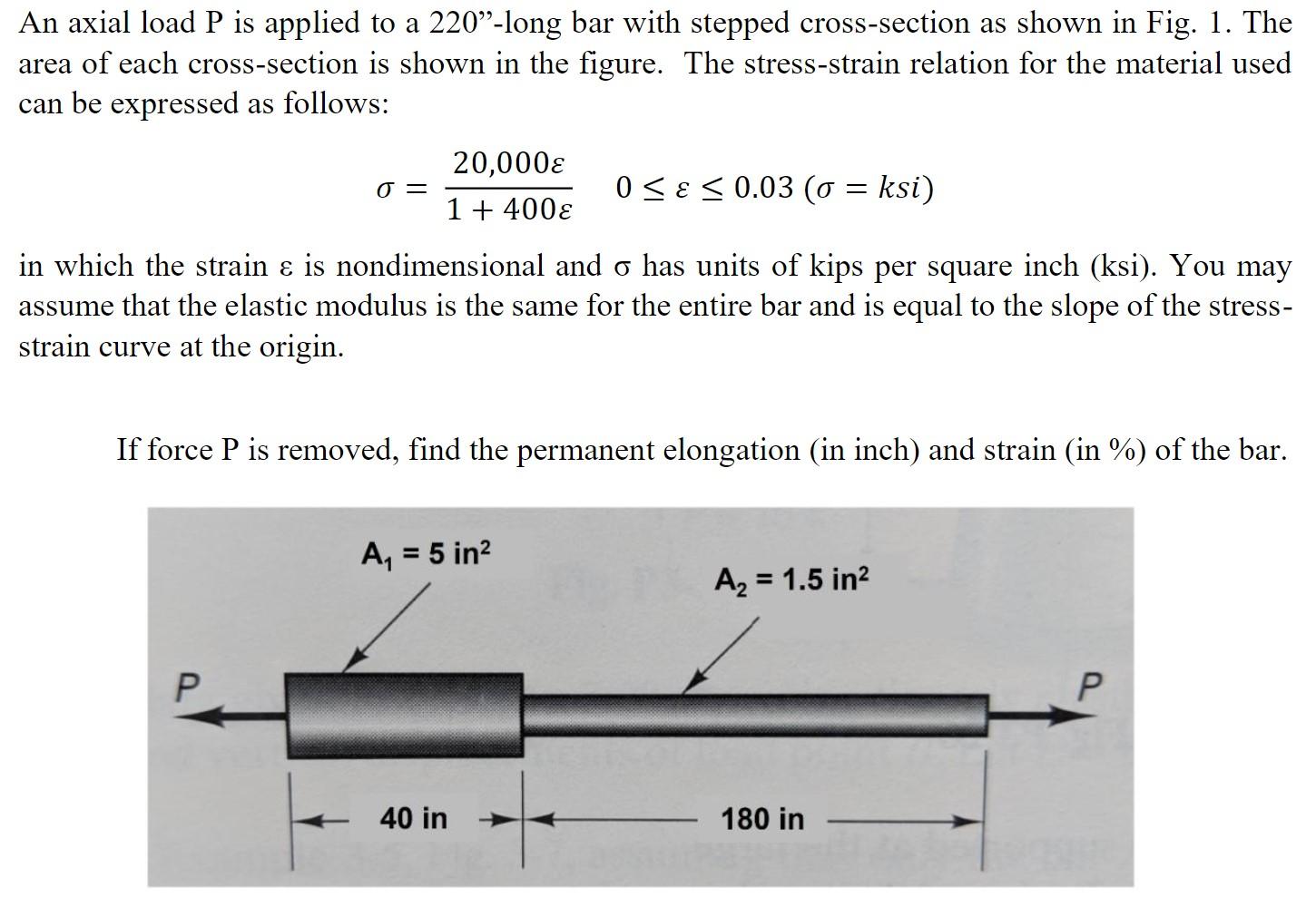 Solved An axial load P is applied to a 220 "-long bar with | Chegg.com