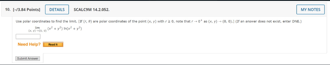 Solved [-/3.84 Points] SCALC9M 14.2.052. Use polar | Chegg.com