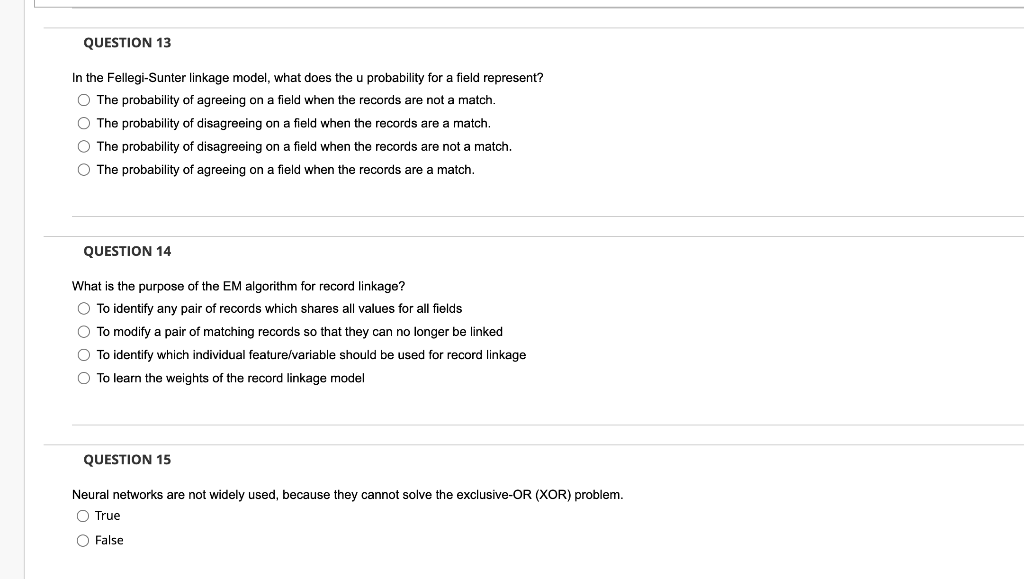 Solved In the Fellegi-Sunter linkage model, what does the u | Chegg.com