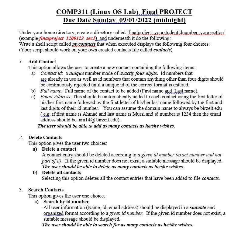 Solved COMP311 (Linux OS Lab) Final PROJECT Due Date Sunday | Chegg.com