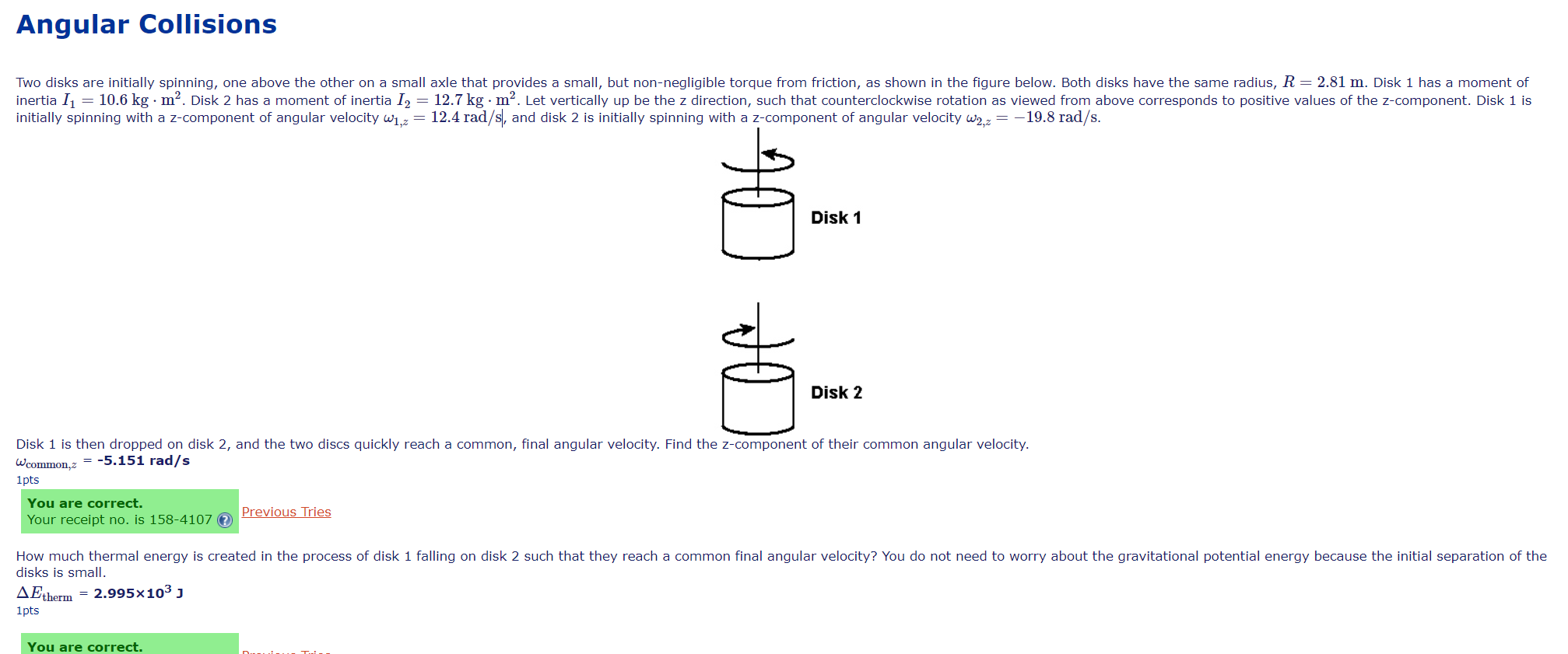 Solved Angular Collisions Two disks are initially spinning, | Chegg.com