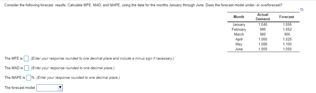 Solved Consider the following forecast results Calculate | Chegg.com