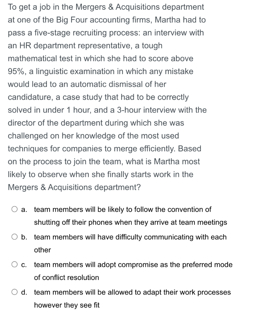 Solved To get a job in the Mergers & Acquisitions department | Chegg.com