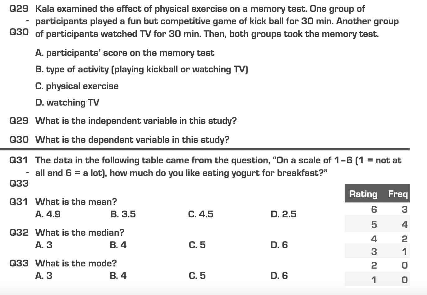 Solved Kala examined the effect of physical exercise on a | Chegg.com