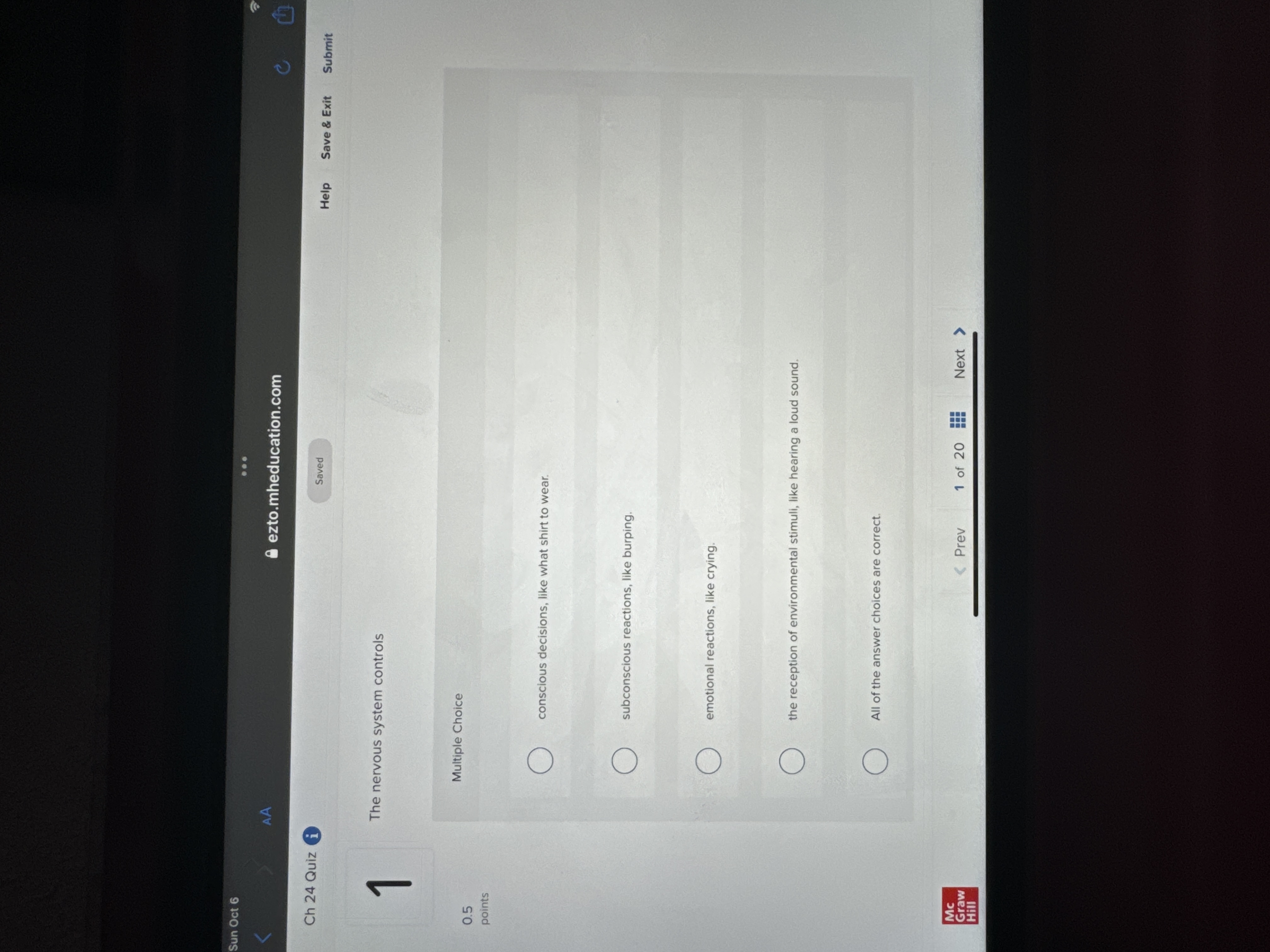 Solved 1 ﻿The nervous system controlsconscious decisions, | Chegg.com