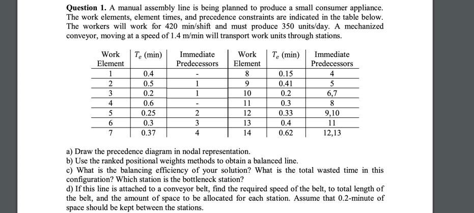 Solved Question 1. A manual assembly line is being planned | Chegg.com
