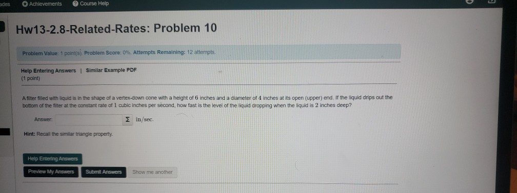 Solved des Achievements Course Help Hw13-2.8-Related-Rates: | Chegg.com Solved des Achievements Course Help Hw13-2.8-Related-Rates: | Chegg.com