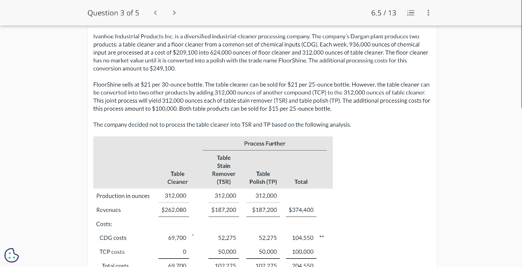 Solved The company decided not to process the table cleaner | Chegg.com