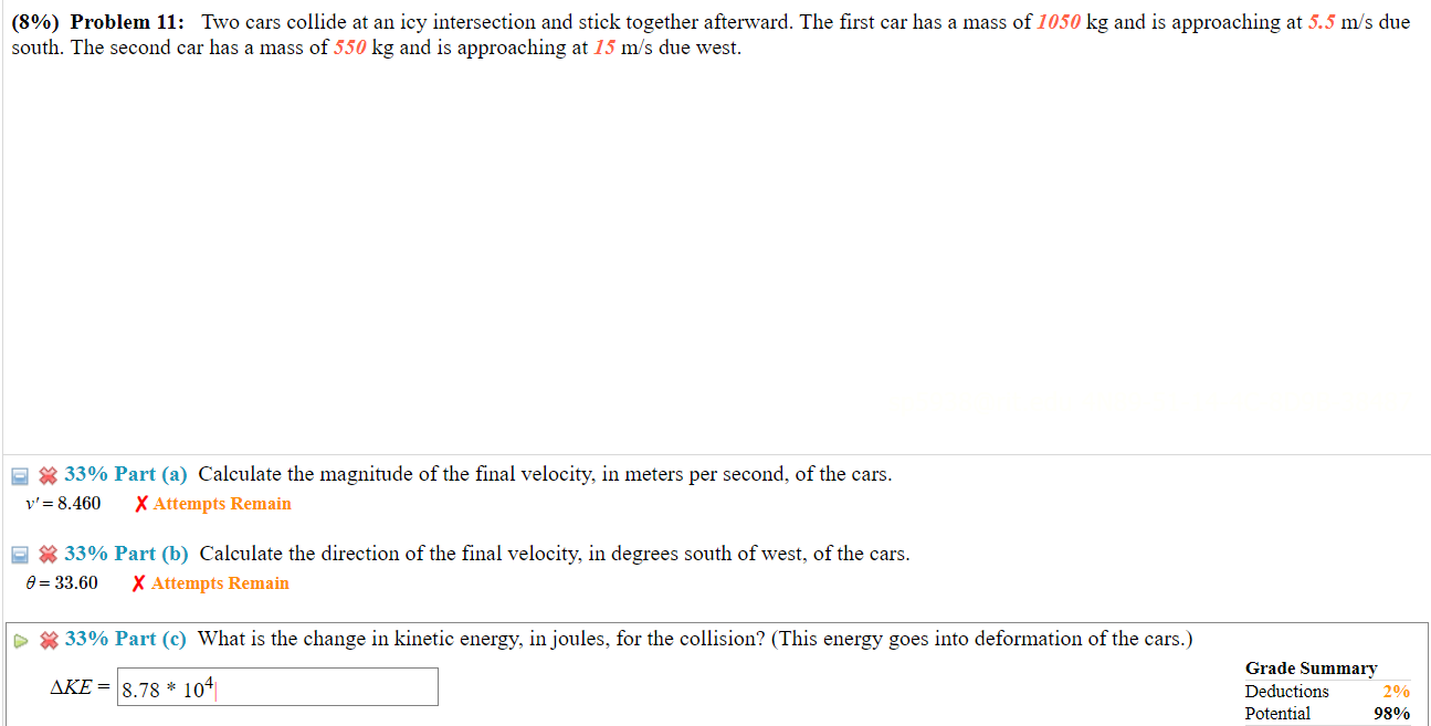 Solved (8\%) Problem 11: Two cars collide at an icy | Chegg.com