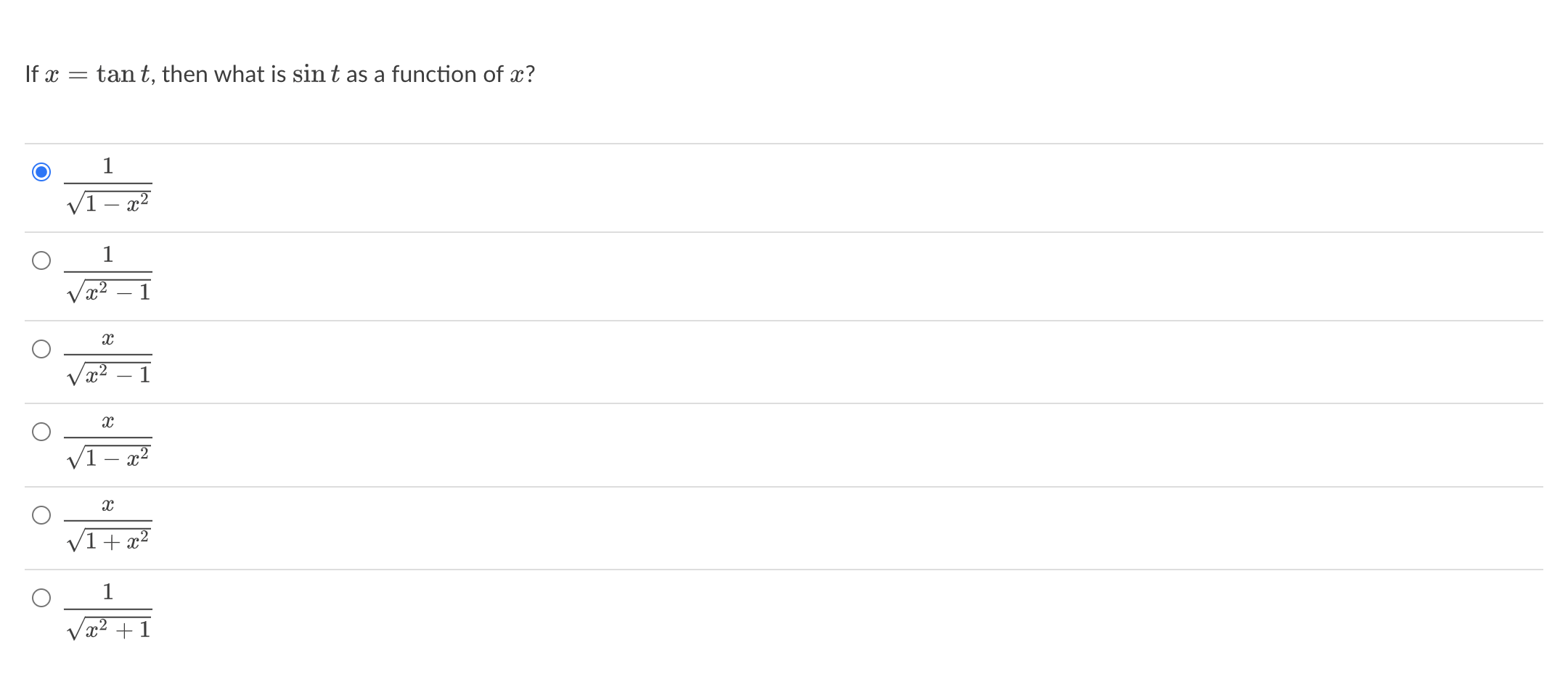 Solved If x=tant, then what is sint as a function of x ? O | Chegg.com