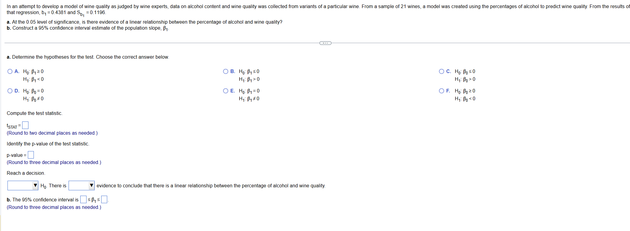 Solved that regression, b1=0.4381 ﻿and Sb1=0.1196.a. ﻿At the | Chegg.com