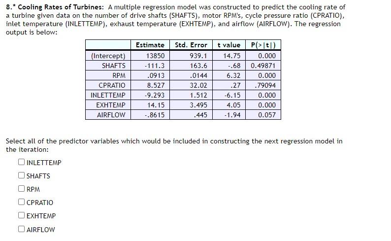 Solved 8.* Cooling Rates of Turbines: A multiple regression | Chegg.com