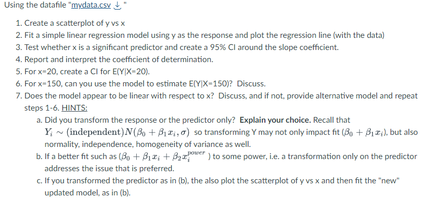mydata.csv : Use this data: y | Chegg.com