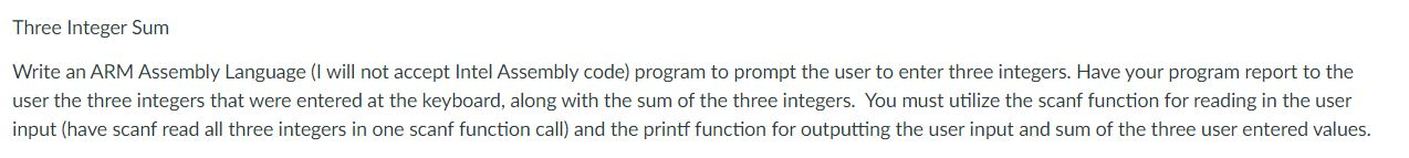 Three Integer Sum Write an ARM Assembly Language (I | Chegg.com