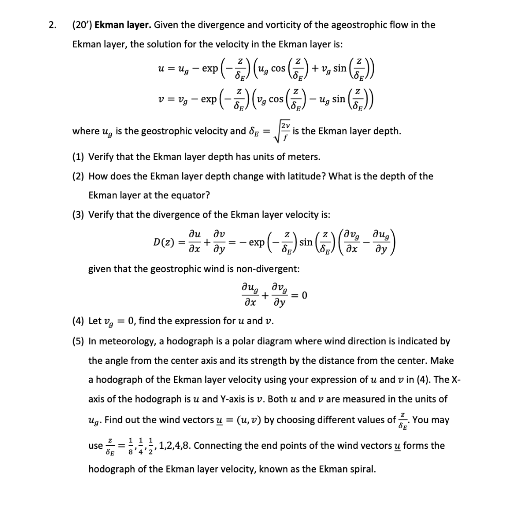 Solved 20 Ekman Layer Given The Divergence And Vorticity