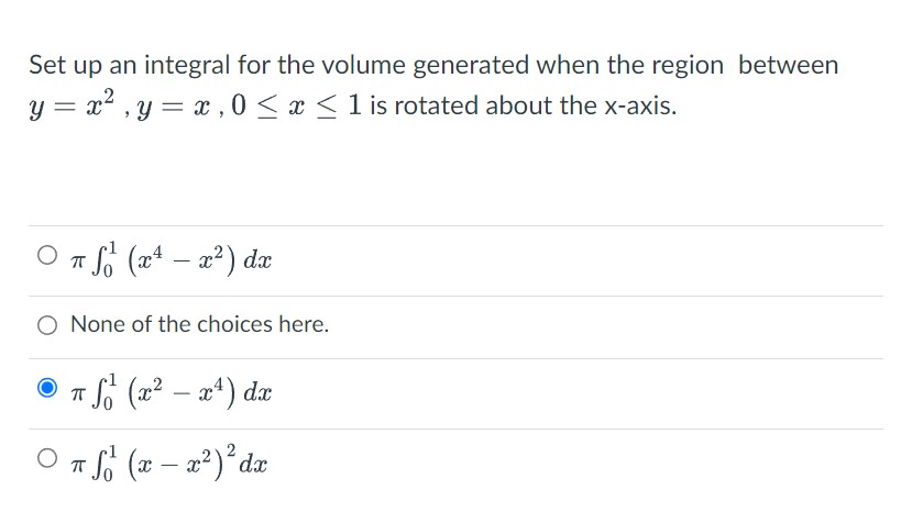 Solved Set up an integral for the volume generated when the | Chegg.com