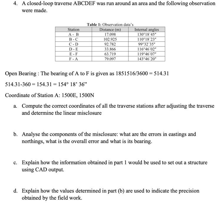 Solved 4. A closed-loop traverse ABCDEF was run around an | Chegg.com