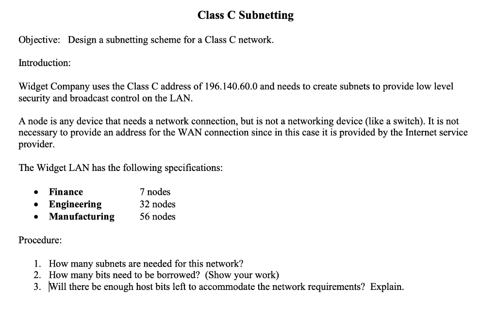 Solved Class C Subnetting Objective Design A Subnetting
