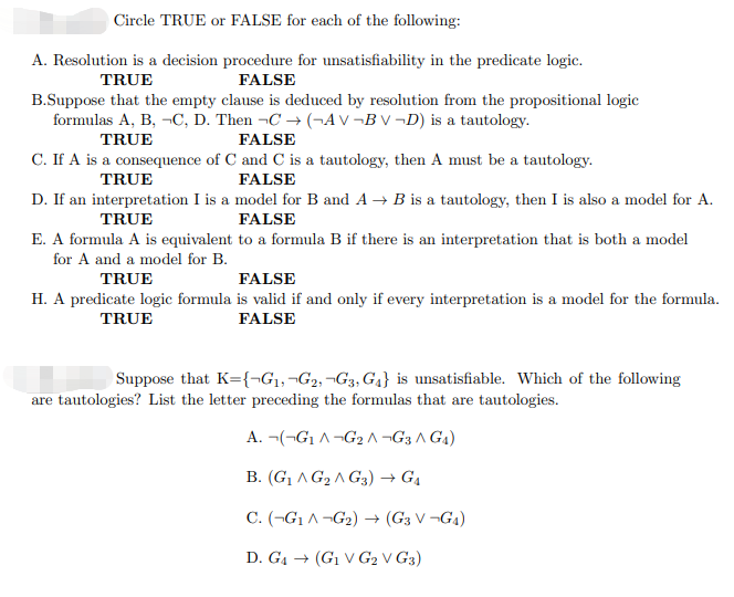 Solved Circle TRUE or FALSE for each of the following: A. | Chegg.com