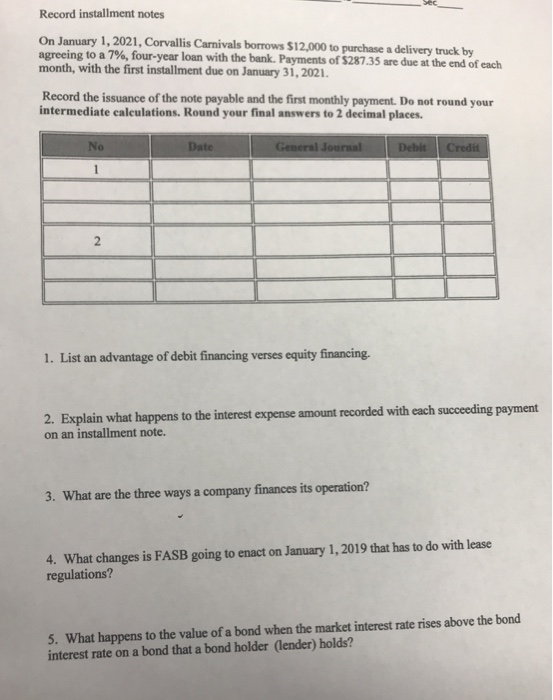 Solved Record installment notes On January 1, 2021, | Chegg.com