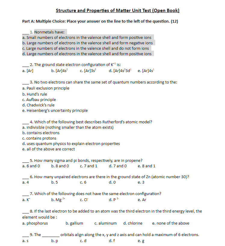Solved Structure and Properties of Matter Unit Test (Open | Chegg.com